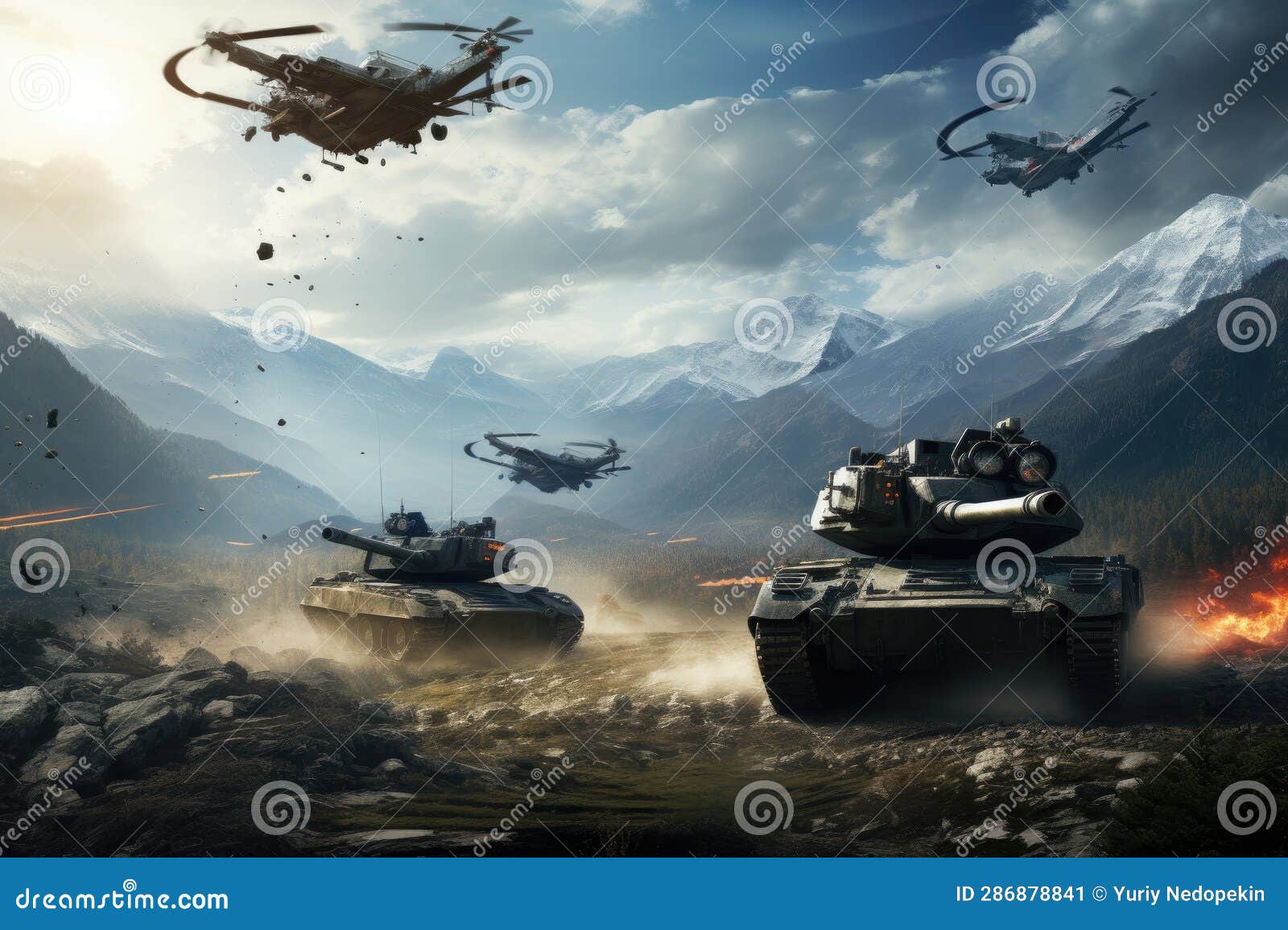 Intensity of a Tank Battle Enhanced by the Use of Drones. Stock ...