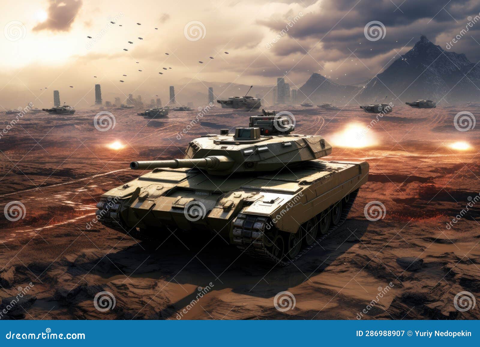 Intensity of a Tank Battle Enhanced by the Use of Drones. Stock Image ...