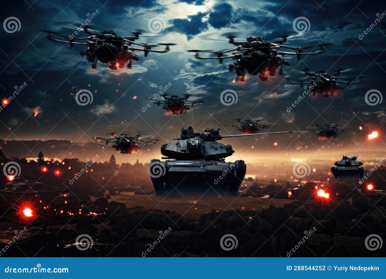 Intensity of a Tank Battle Enhanced by the Use of Drones. Stock Photo ...