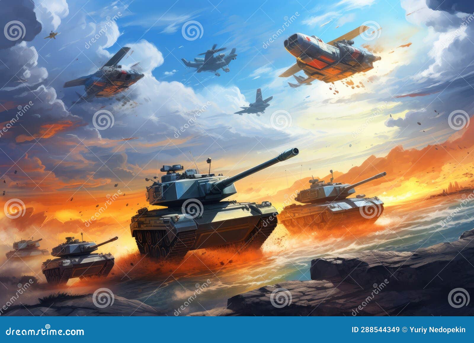 Intensity of a Tank Battle Enhanced by the Use of Drones. Stock Image ...