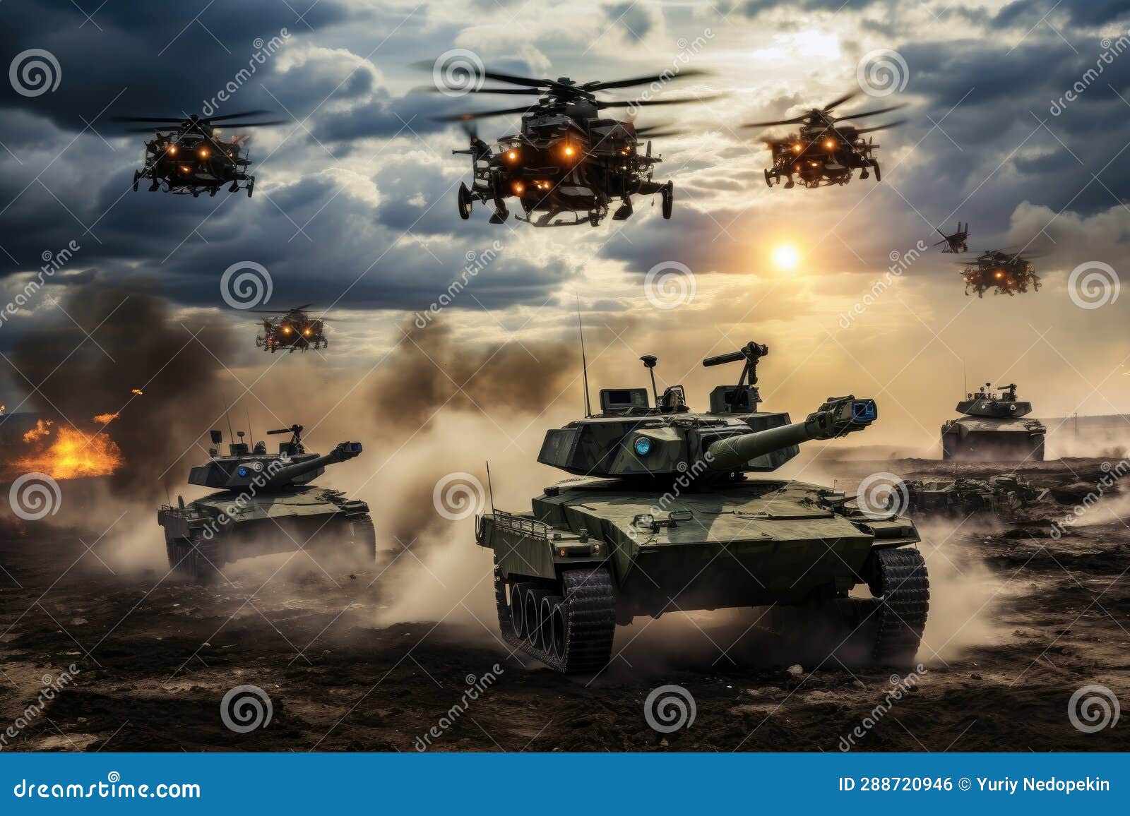 Intensity of a Tank Battle Enhanced by the Use of Drones. Stock Photo ...