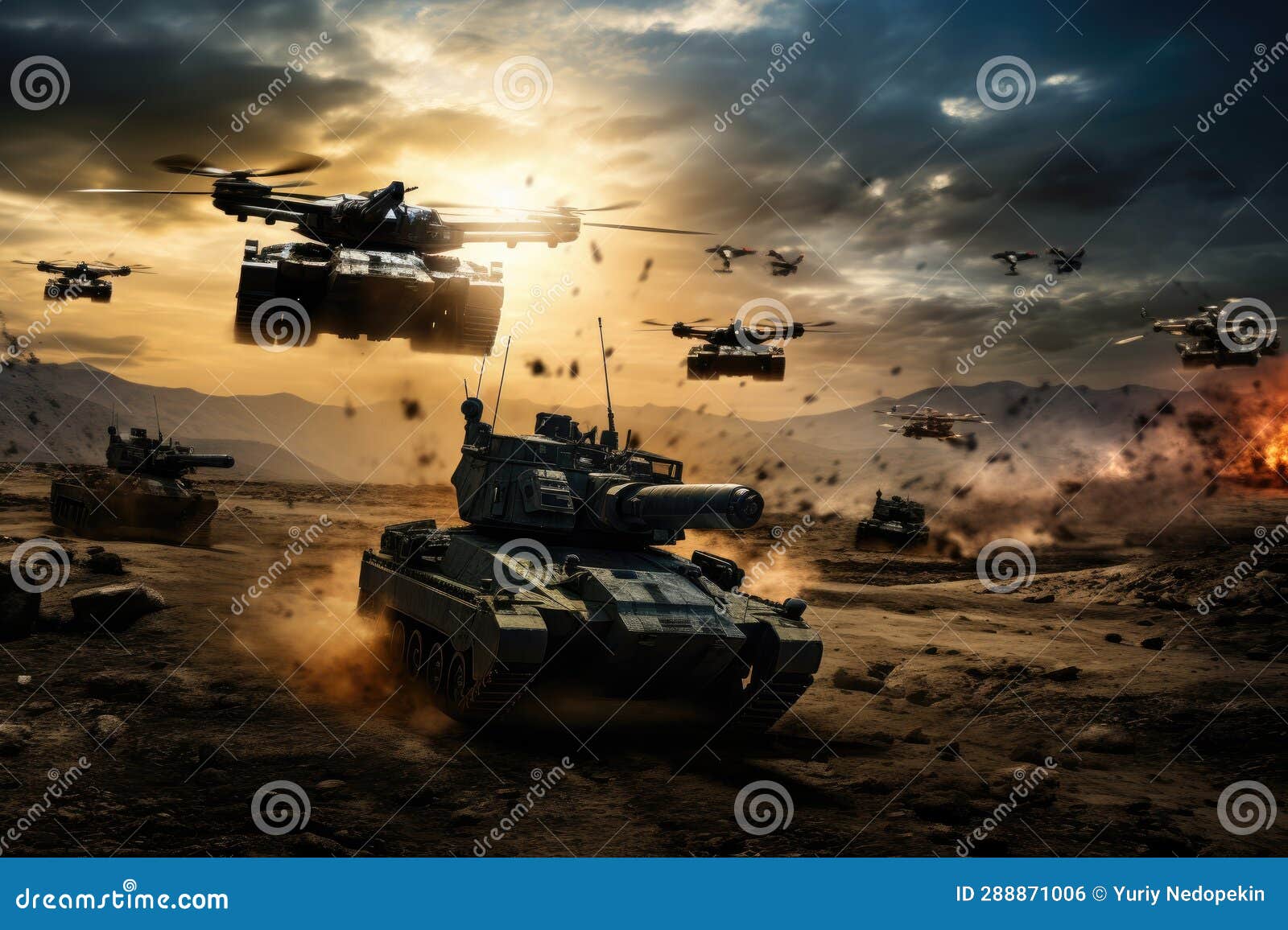 Intensity of a Tank Battle Enhanced by the Use of Drones. Stock Photo ...