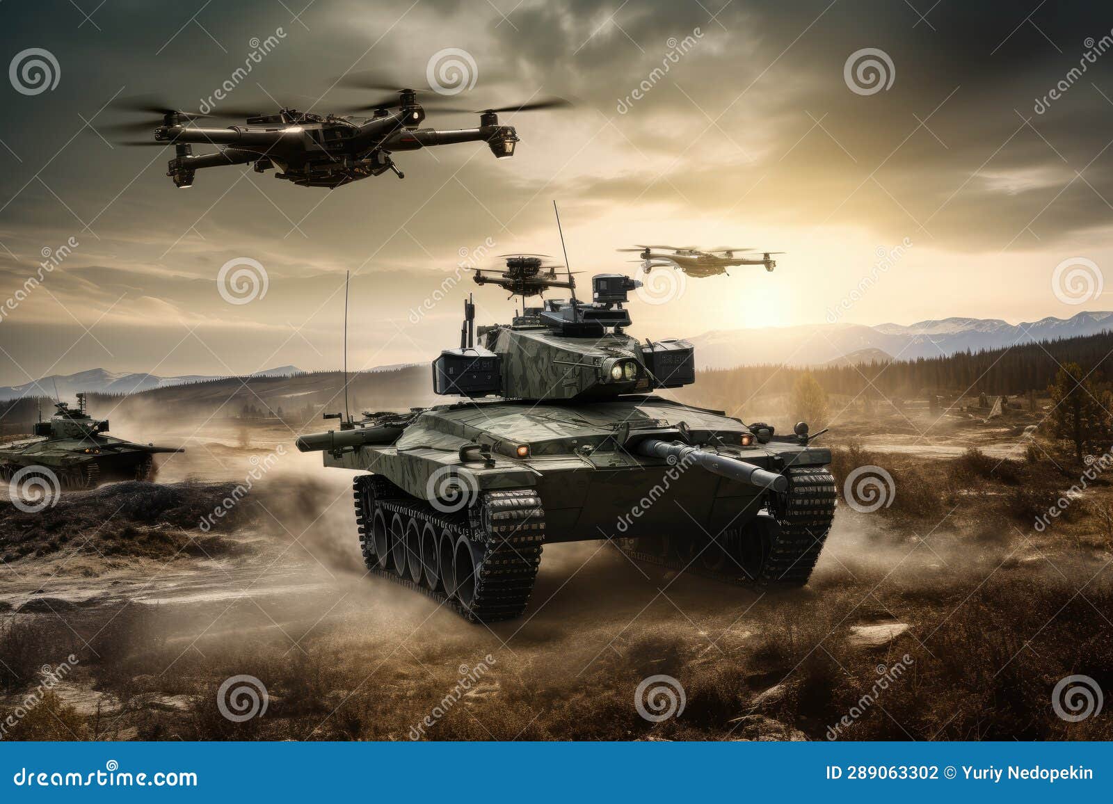 Intensity of a Tank Battle Enhanced by the Use of Drones. Stock Photo ...