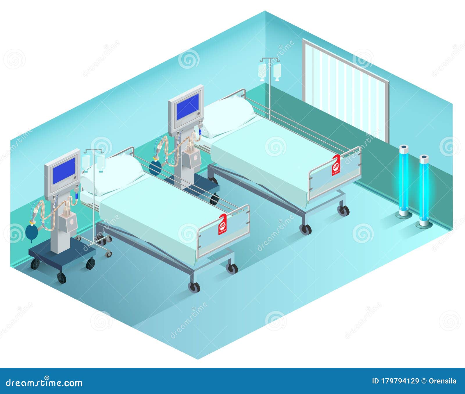 Intensive Care Unit Medical Ward with Ventilator. 3d Isometric Stock ...