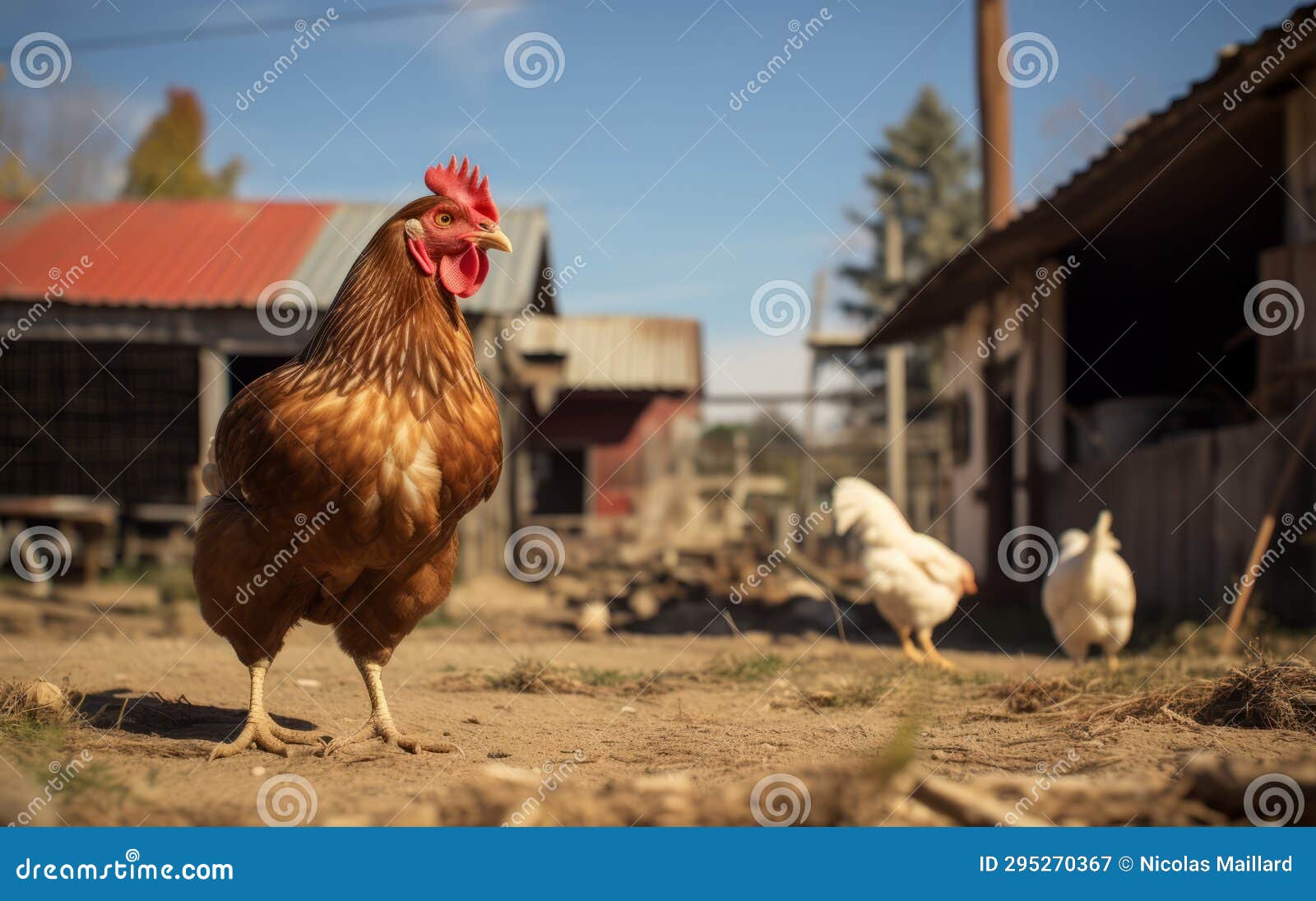 Interacting in Peace: Chicken and Cow in the Stable Stock Illustration ...