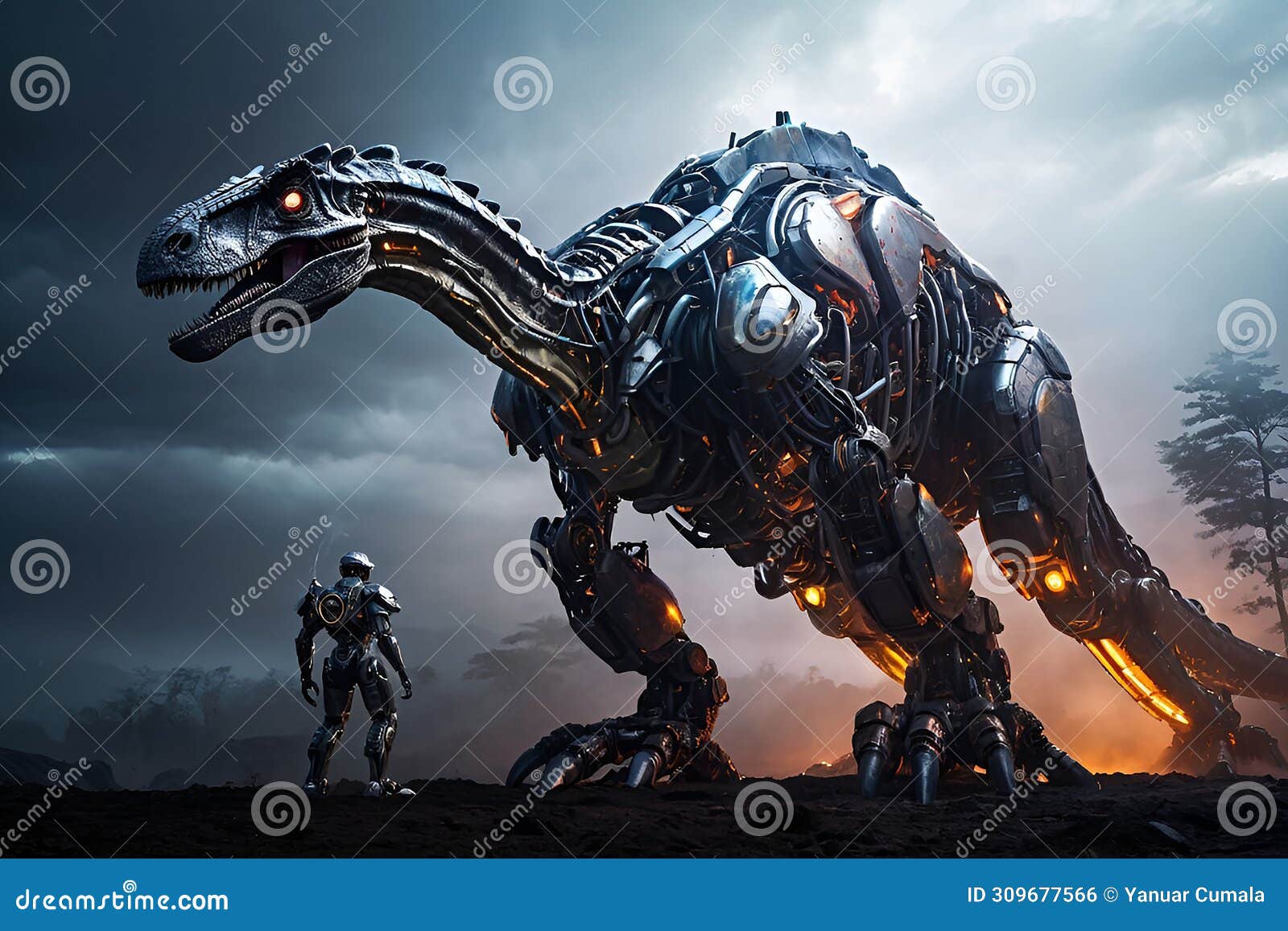 An Interaction Between Human Robot And Robotic Dinosaur Royalty-Free ...