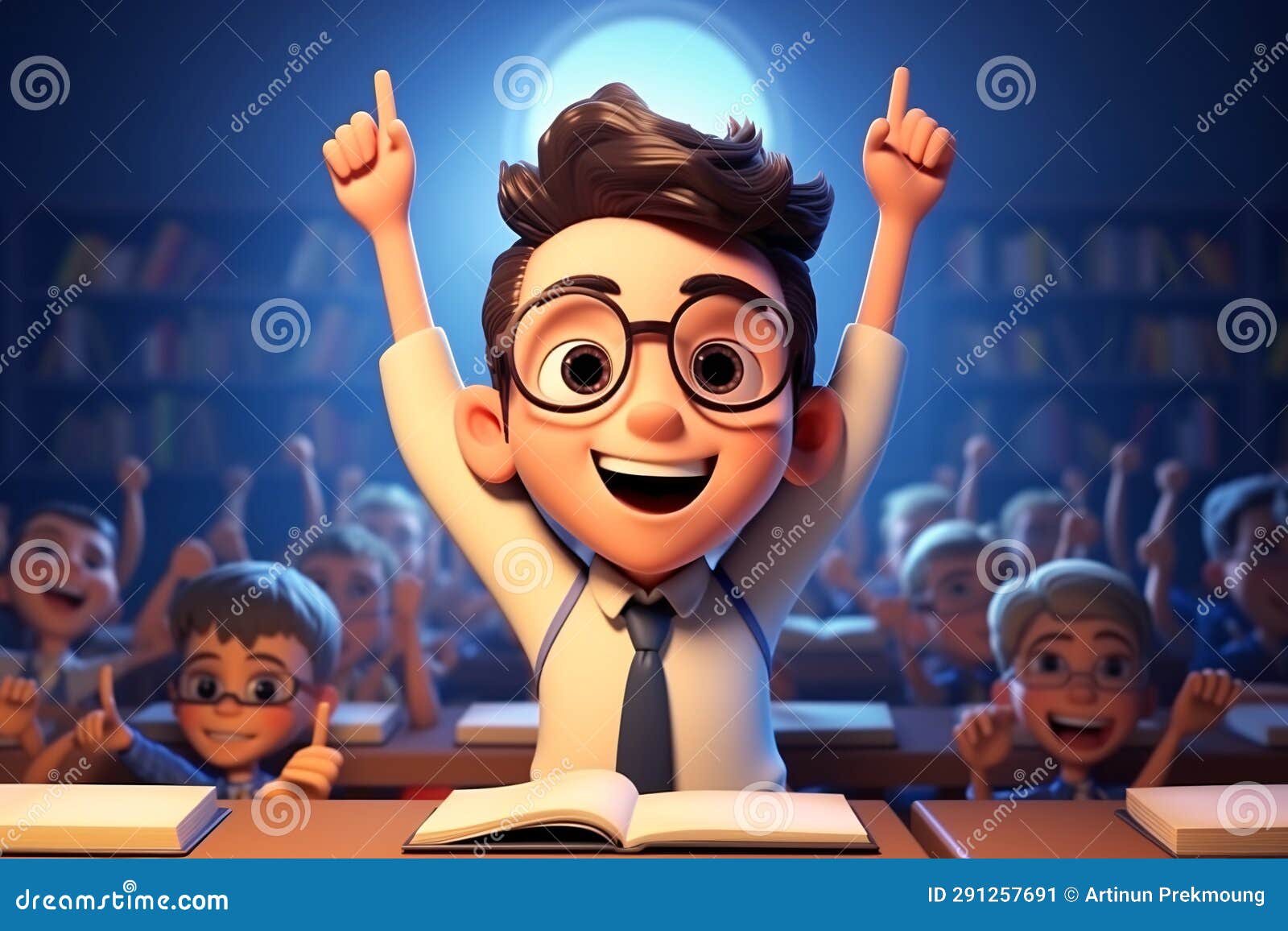 Interactive Classroom Education Concept. Schoolboy Raise Hand To Answer ...