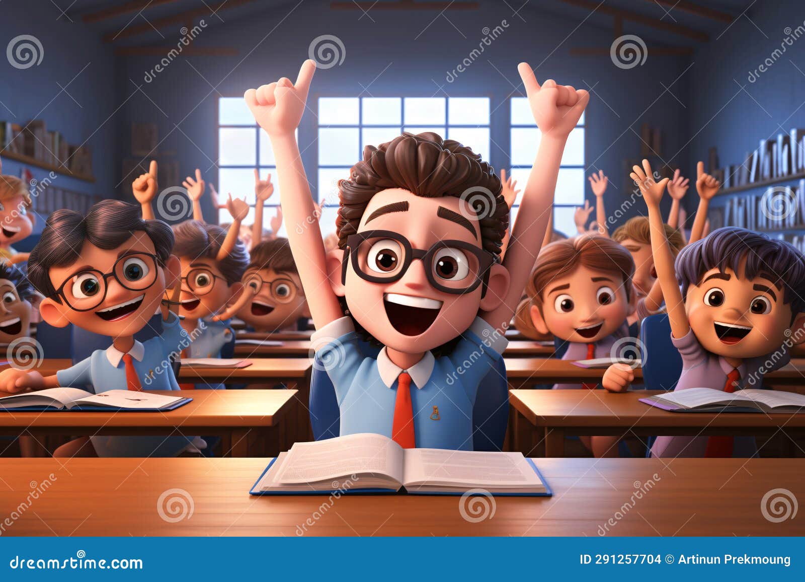 Interactive Classroom Education Concept. Schoolboy Raise Hand To Answer ...