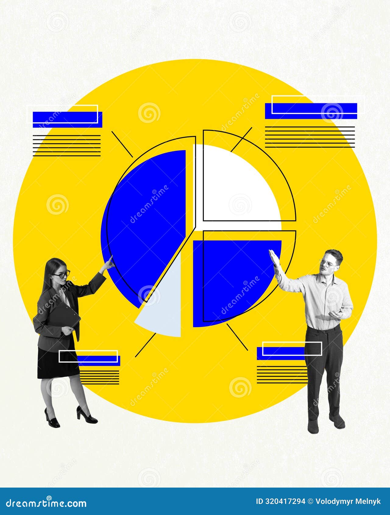 Interactive Data Analysis. Man and Woman Standing before Large Pie ...