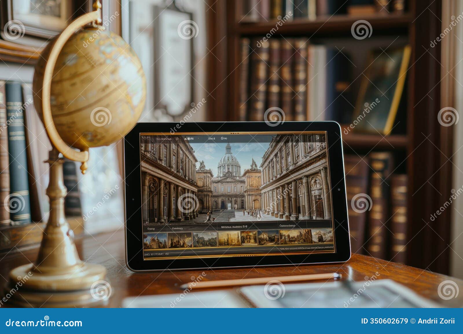 Interactive Historical Landmarks Quiz on Tablet with Globe and Books ...