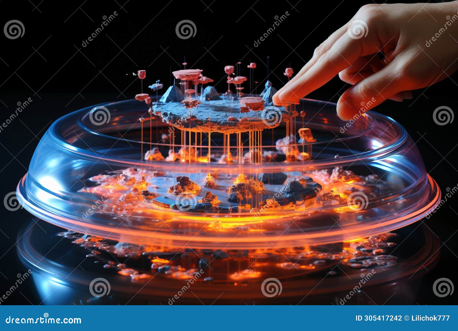 Interactive Holographic Chart. Finger Pressing Icon on Floating ...