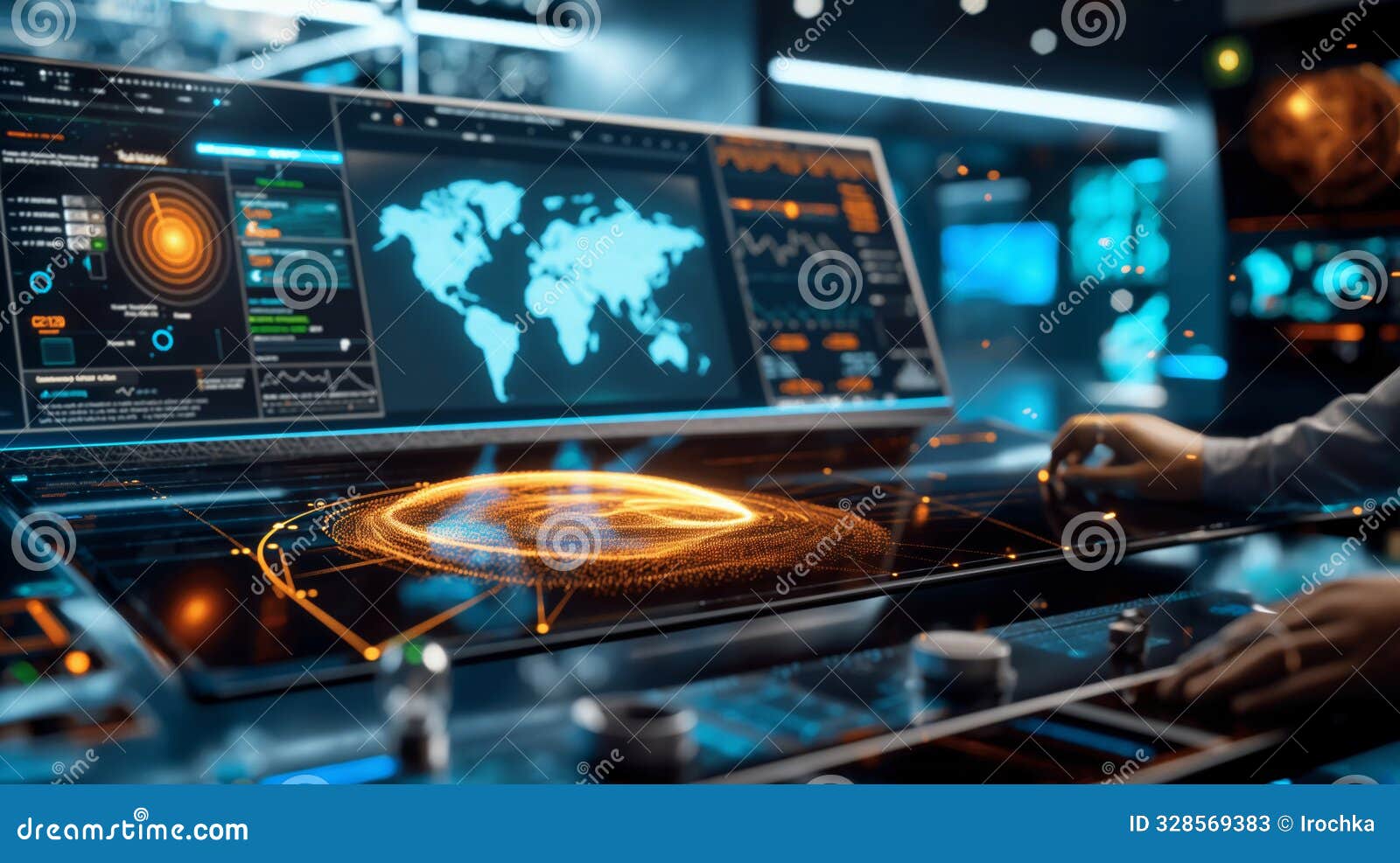 Interactive Interface Displaying Complex Data On Multiple Screens Stock Image Image Of Models