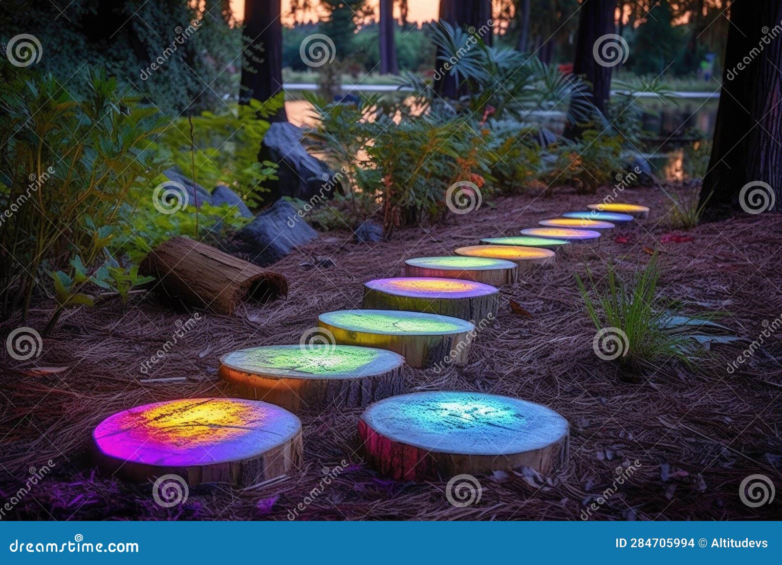 Interactive Light-up Stepping Stones in a Garden Setting Stock Photo ...