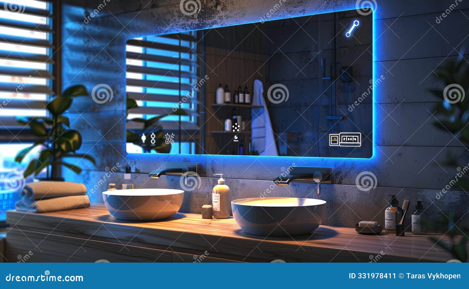 Interactive Mirror in the Bathroom with Neon Lighting Stock Image - Image of mirror, yellow ...