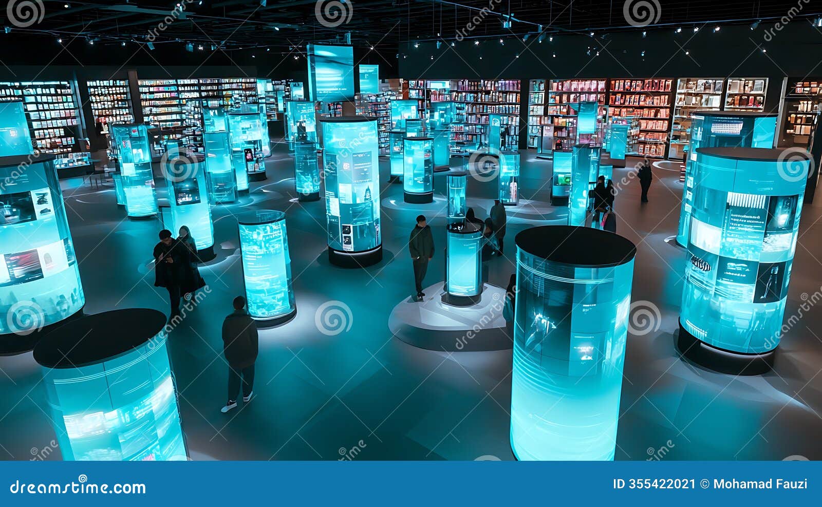 Interactive Museum Exhibit with Glowing Cylindrical Displays Showcasing ...