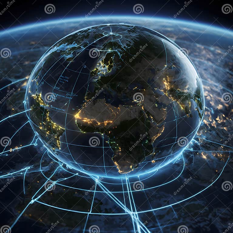 Interactive Routes and Global Landmarks on Virtual 3D Globe Map Stock ...