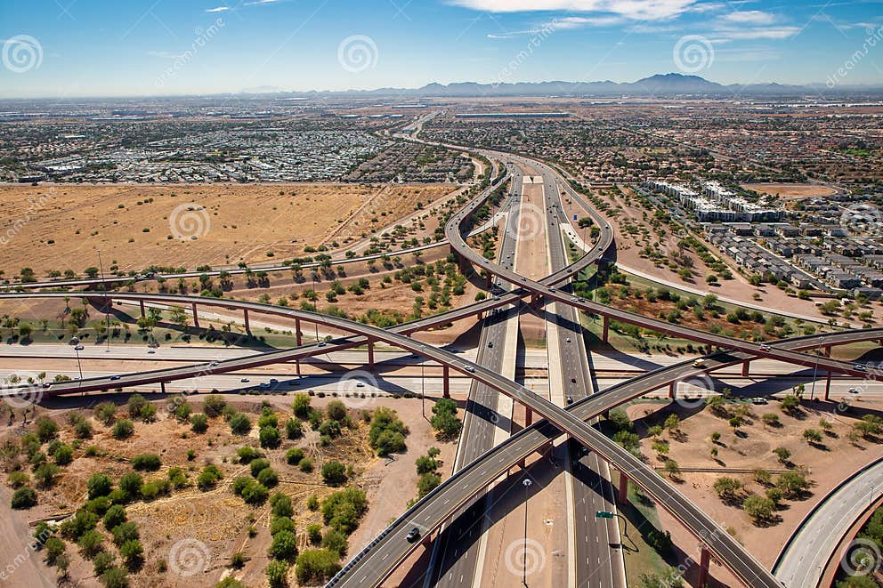 60 and 202 Interchange in Mesa, Arizona from Overhead Looking South ...