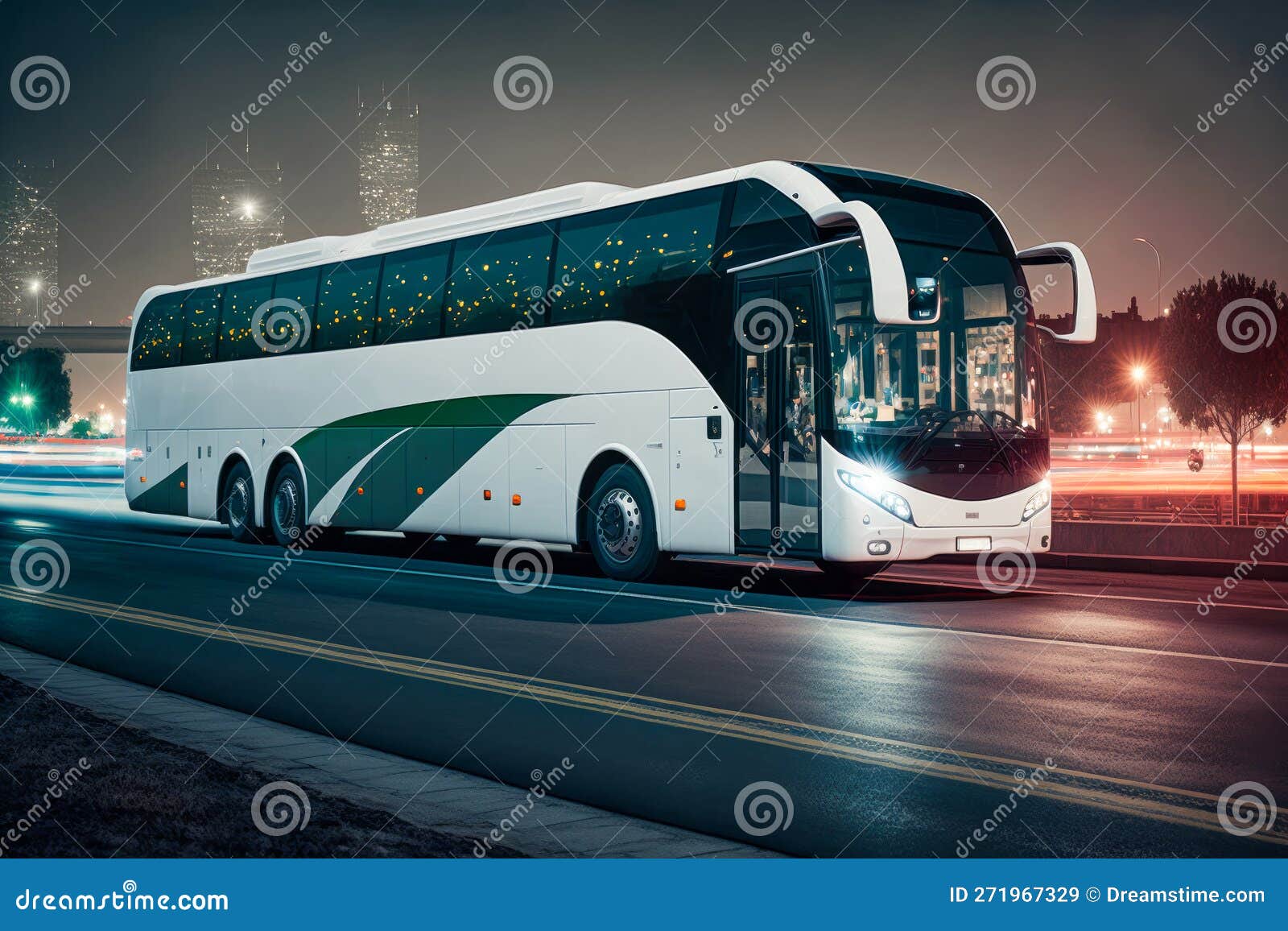 Intercity Bus Rides on a City Highway at Night.. Stock Illustration ...