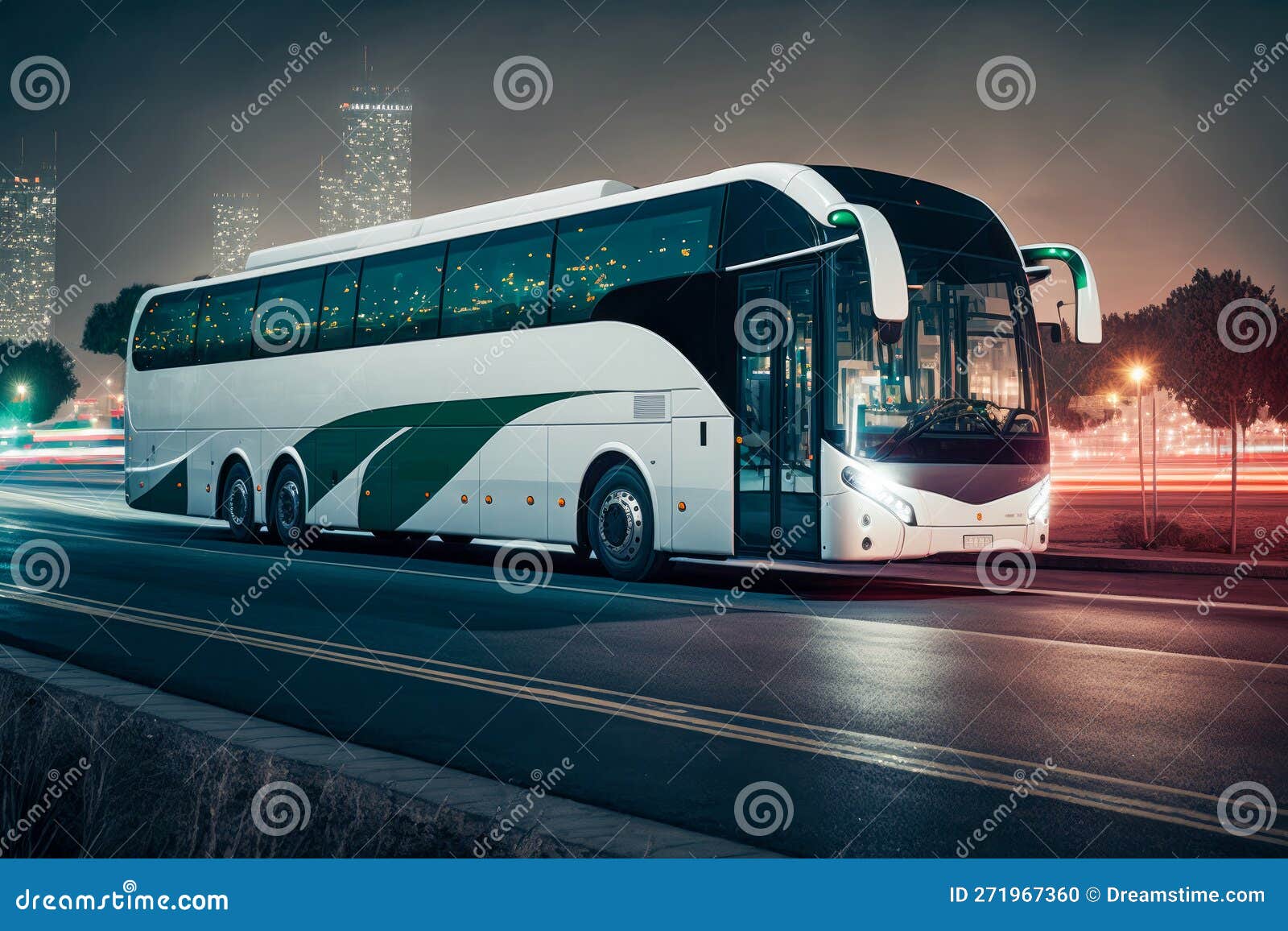 Intercity Bus Rides on a City Highway at Night.. Stock Illustration ...
