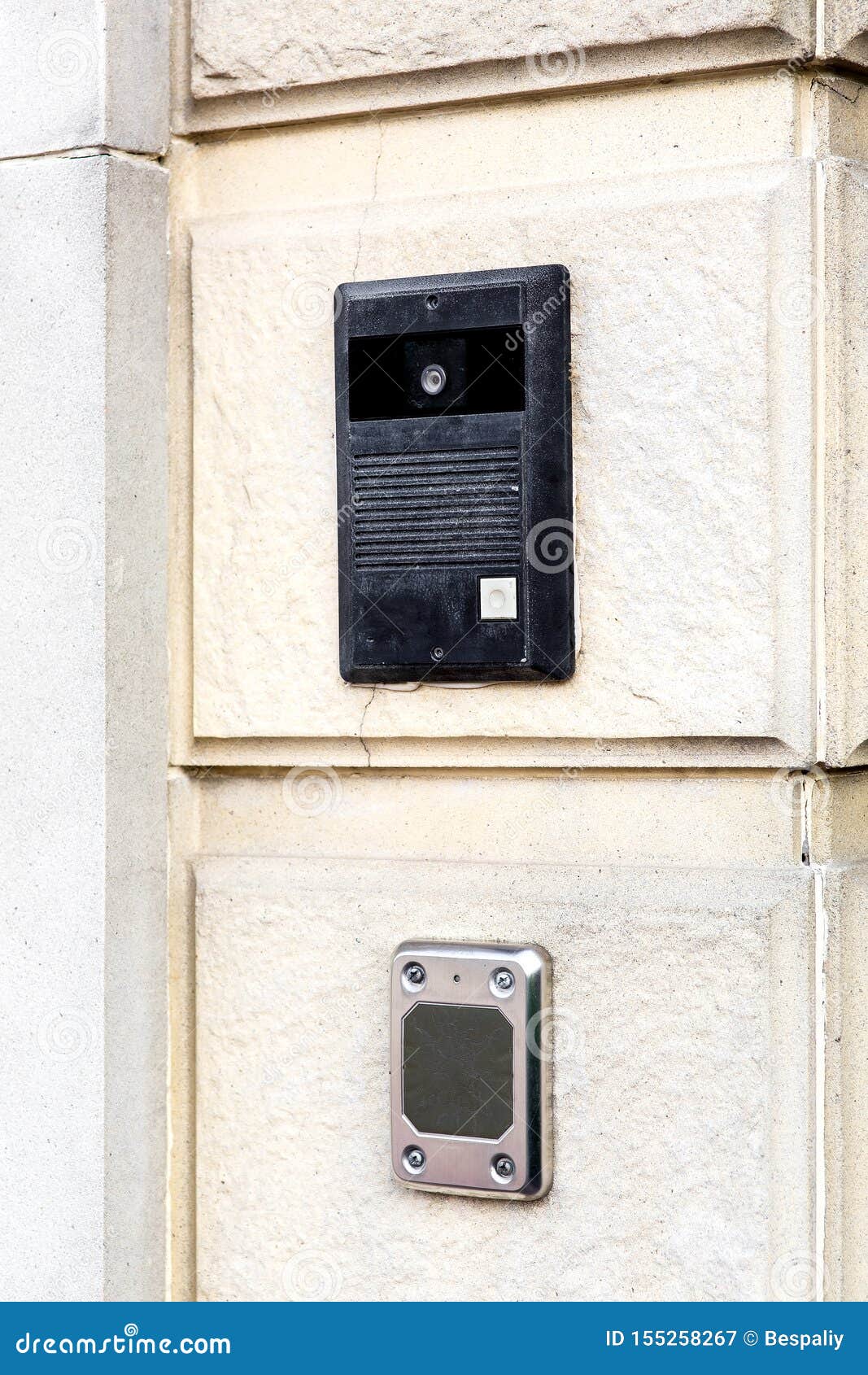 Intercom Black on the Light Stone Wall. Stock Image - Image of enter ...