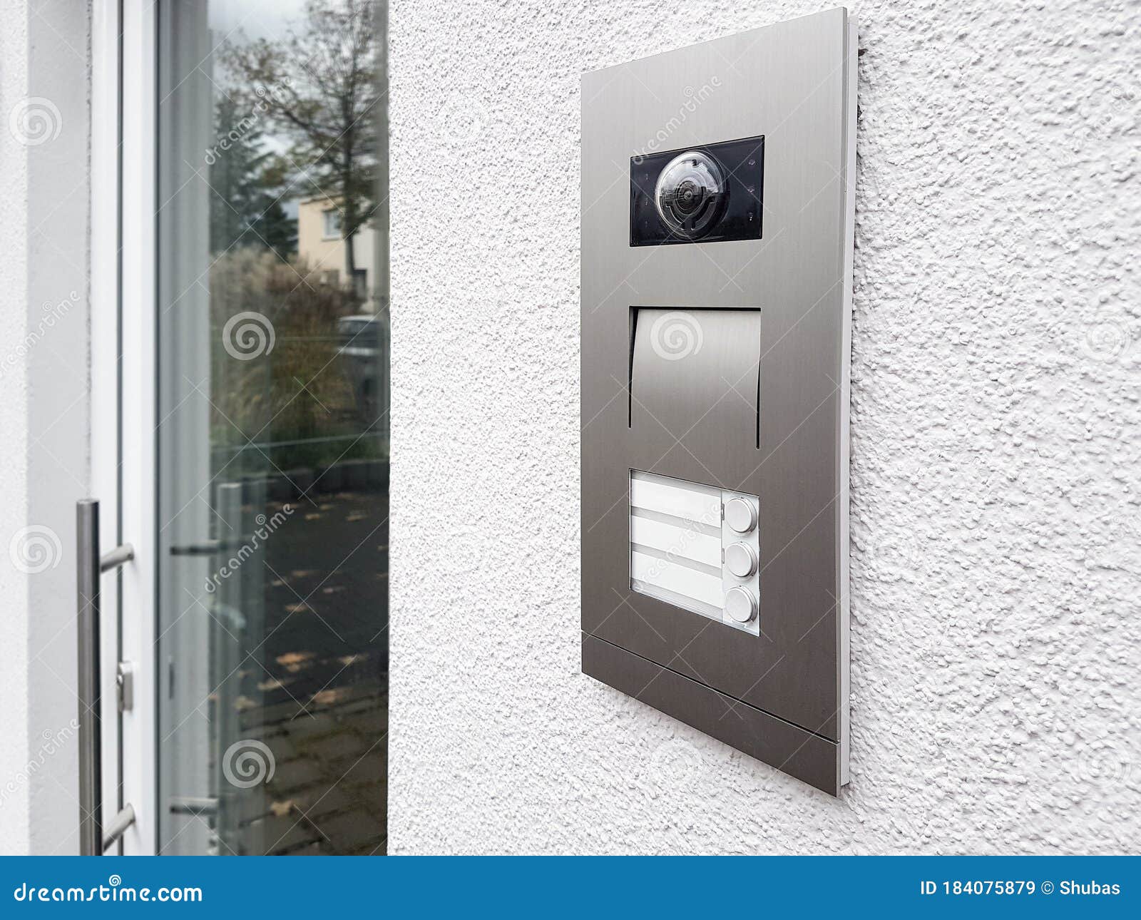 Intercom on White Textured Wall. Three Buttons Stock Image - Image of ...