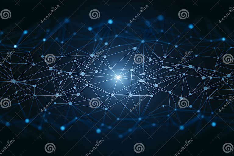 Interconnected Digital Nodes, Central Node Brightest, Blue Gradient ...