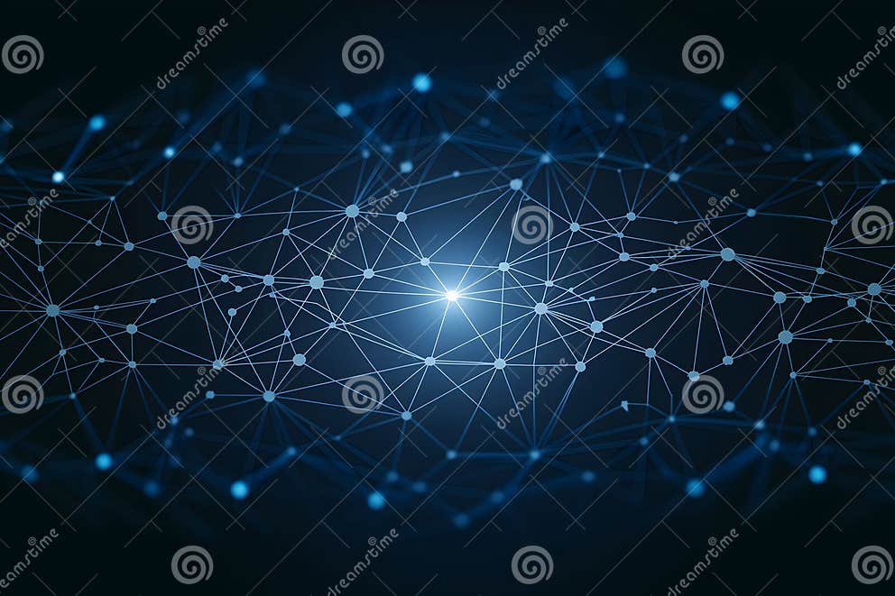 Interconnected Digital Nodes, Central Node Brightest, Blue Gradient ...