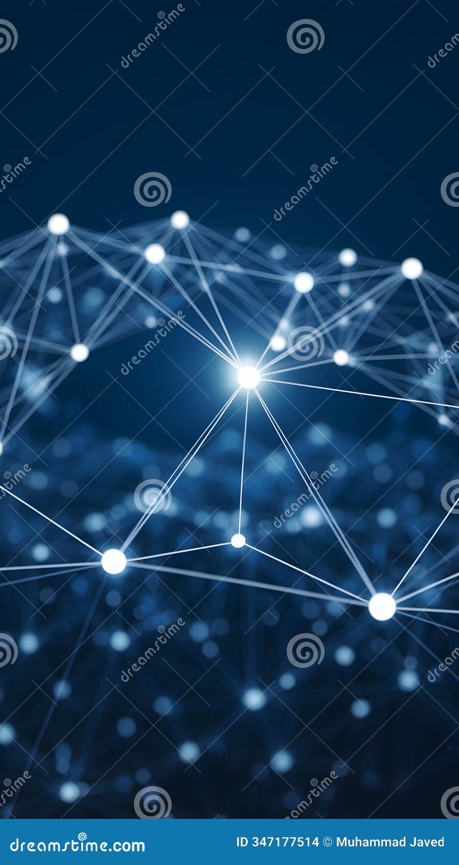 Interconnected Digital Nodes, Central Node Brightest, Blue Gradient ...