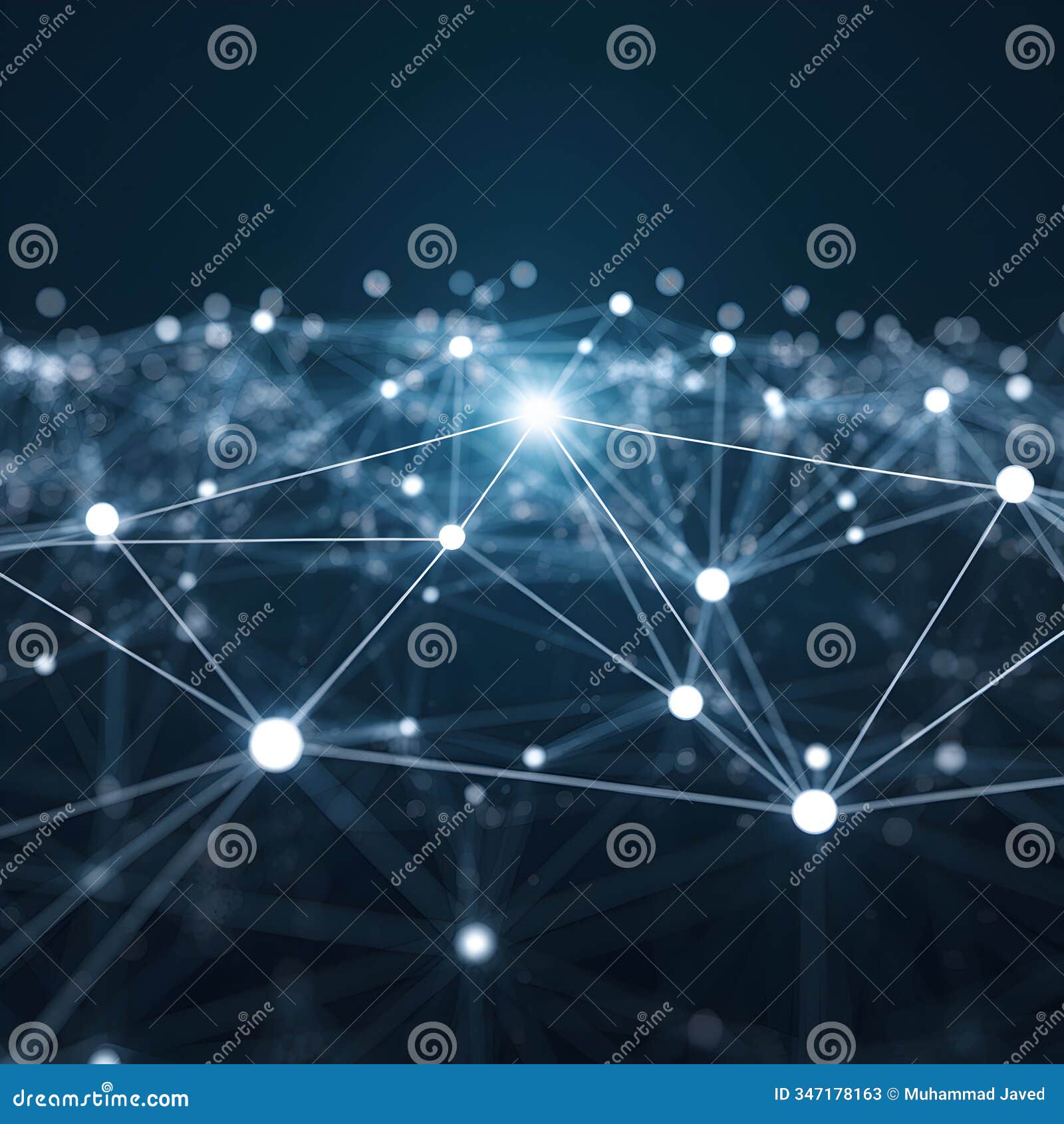 Interconnected Digital Nodes, Central Node Brightest, Blue Gradient ...