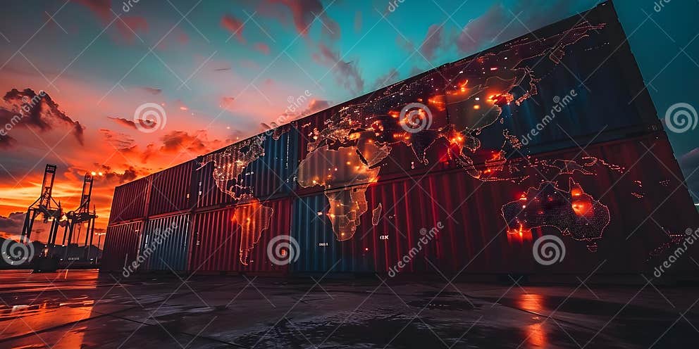 Interconnected Global Trade Network: Shipping Containers and Global Map ...