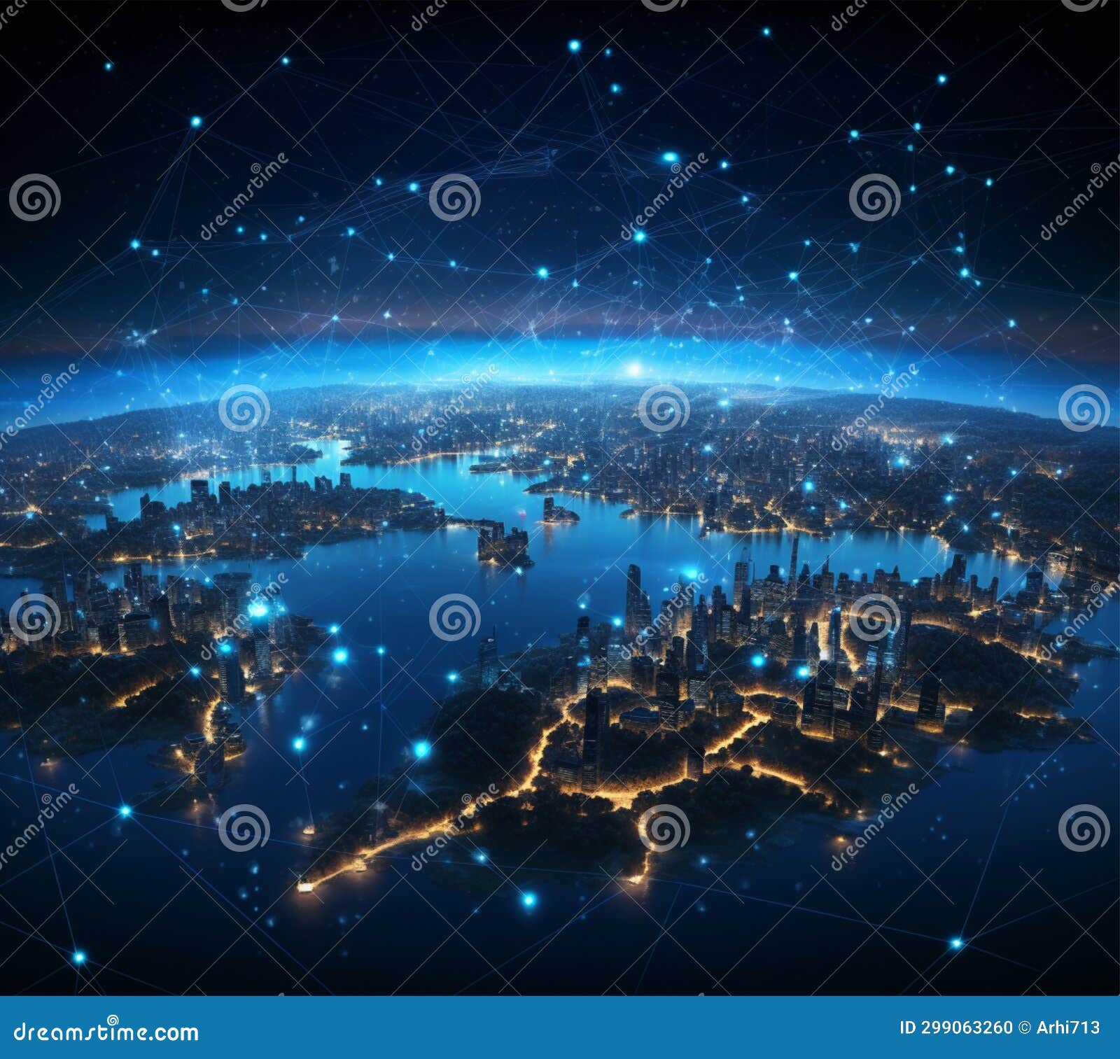 Interconnected Globe at Night, Globe with a Network of Lines and Lights ...