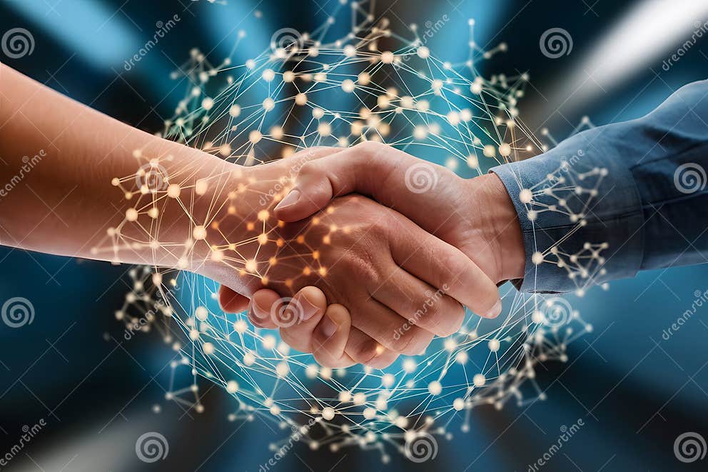 Interconnected Handshake with Glowing Network, Emphasizing Digital ...