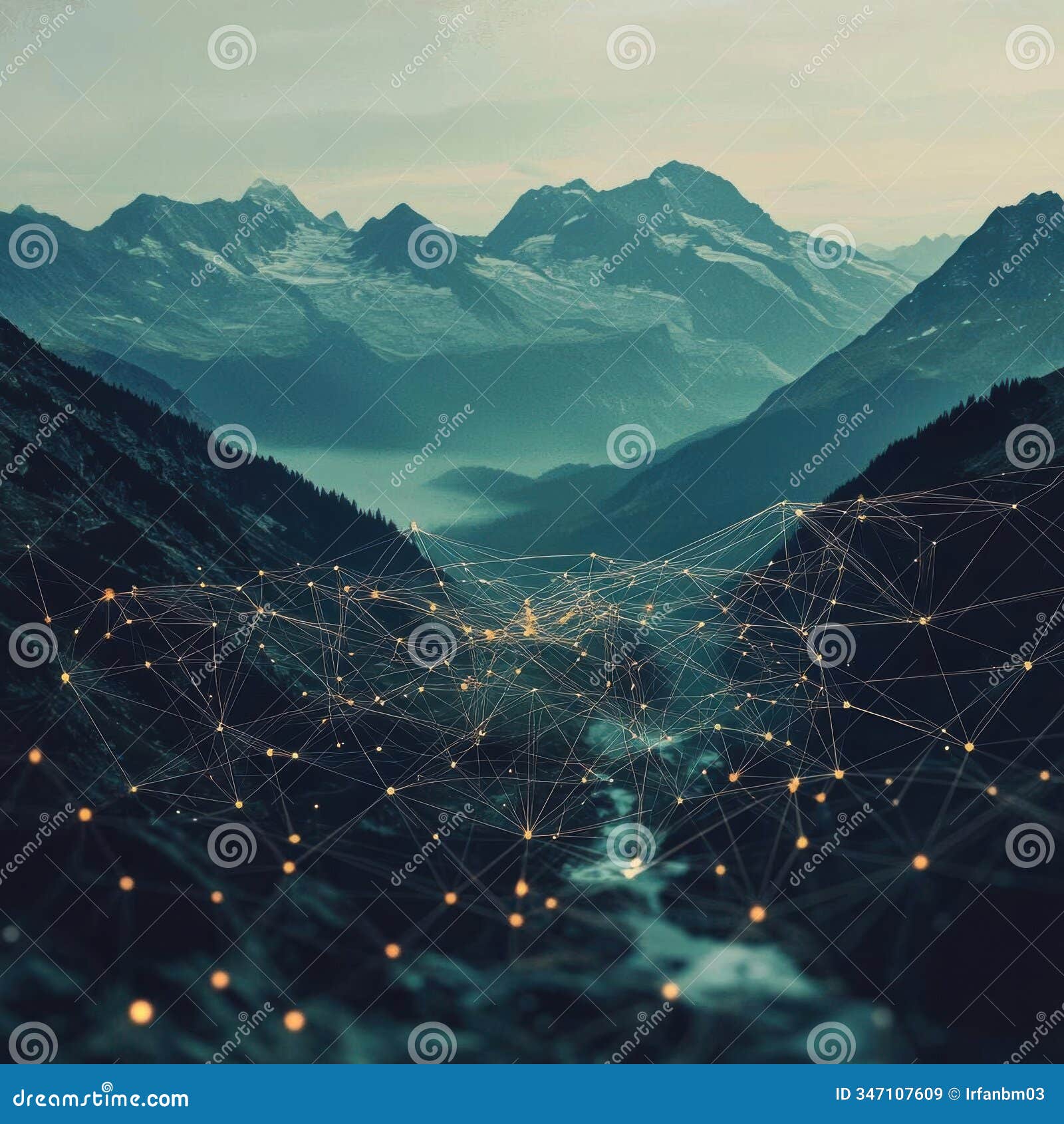 Interconnected Mountain Landscape, a Digital Network Visualized Stock ...