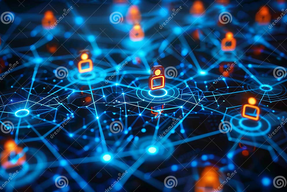 Interconnected Network of Blue and Orange Lights. Figures of People ...