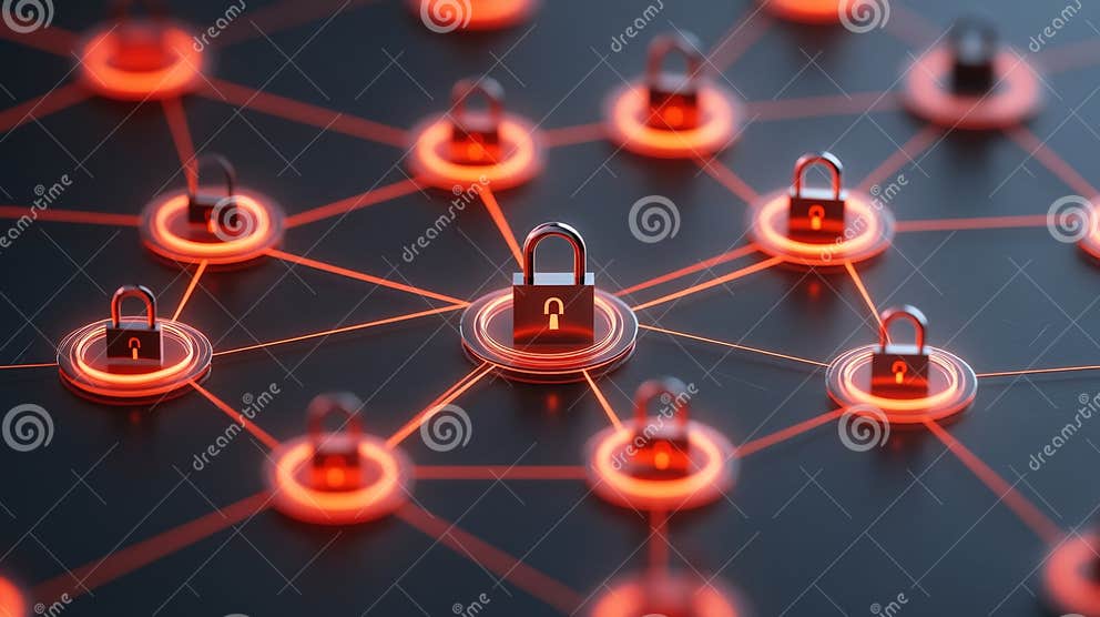 Interconnected Red Nodes in a Digital Grid with Padlock Symbols ...