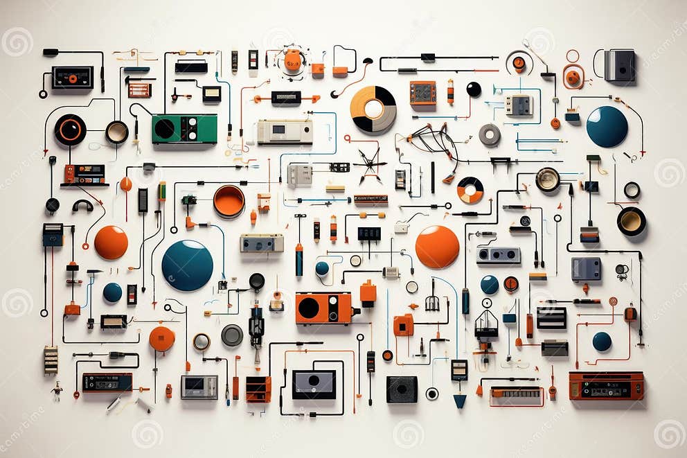 Interconnected Retro Tech and Gadgets in a Circuitous Design Stock ...