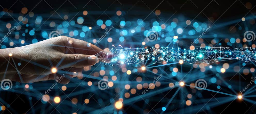Interconnection Human and Robot Hands Reach Across Glowing Data Streams ...