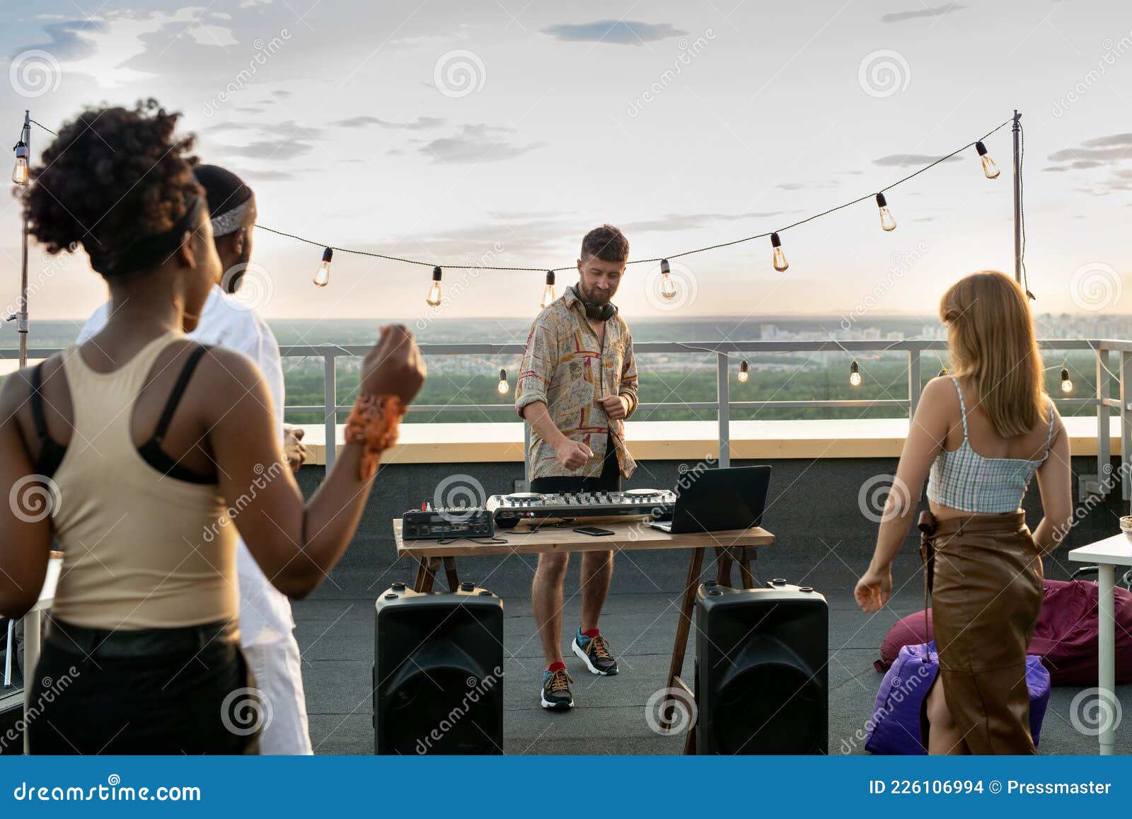 Intercultural Friends Dancing in Front of Deejay Stock Photo - Image of ...