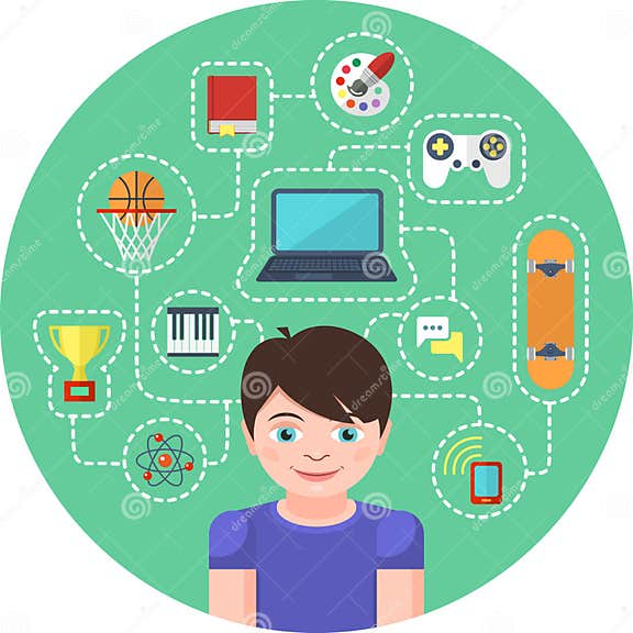 Interessen eines Jungen vektor abbildung. Illustration von karikatur ...