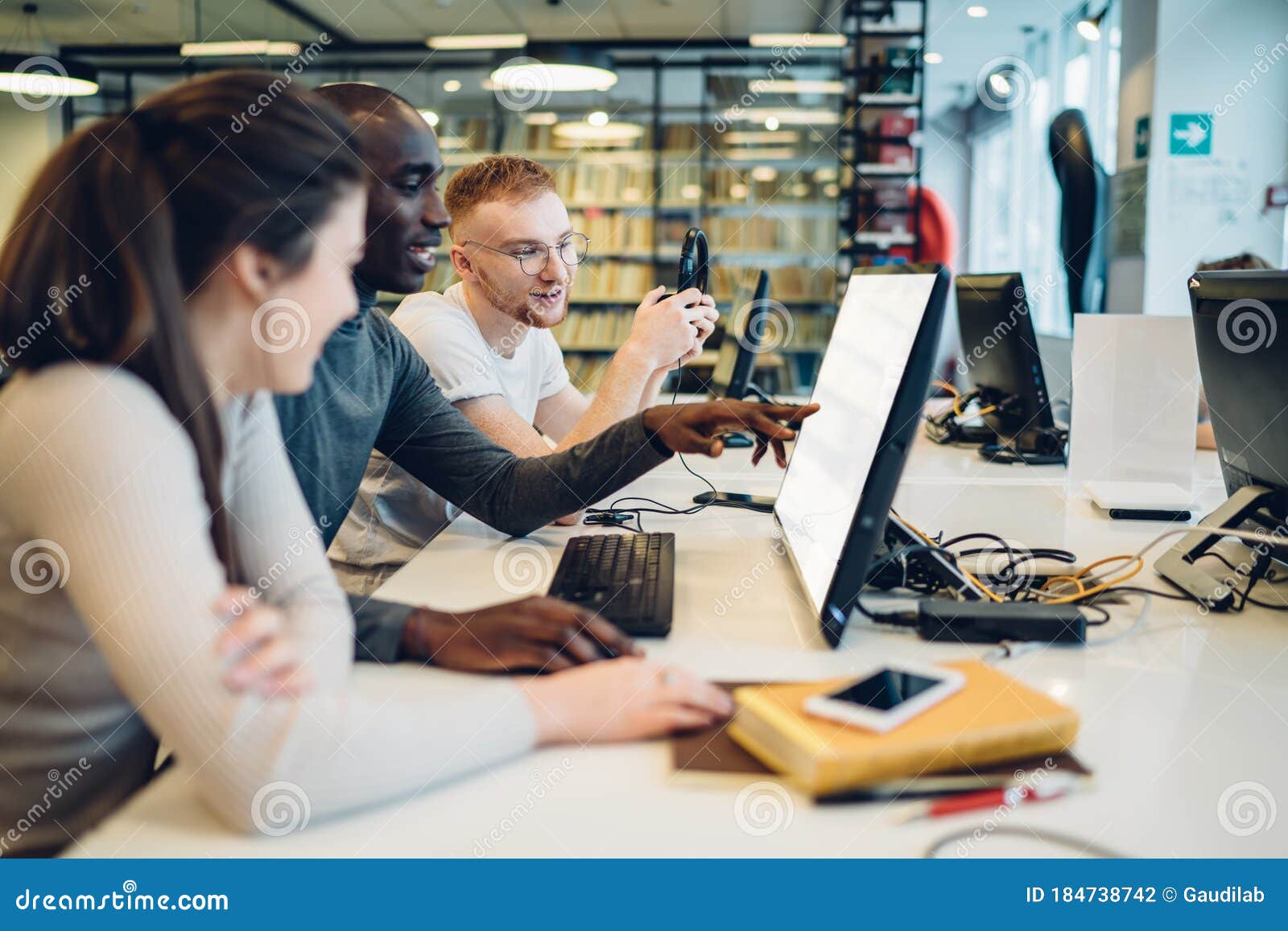 Interested Multiracial Students Using Computer while Studying in ...