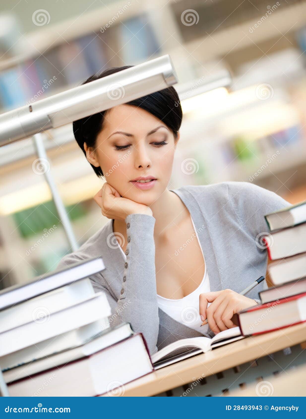 Interested Woman Reads at the Library Stock Image - Image of caucasian ...