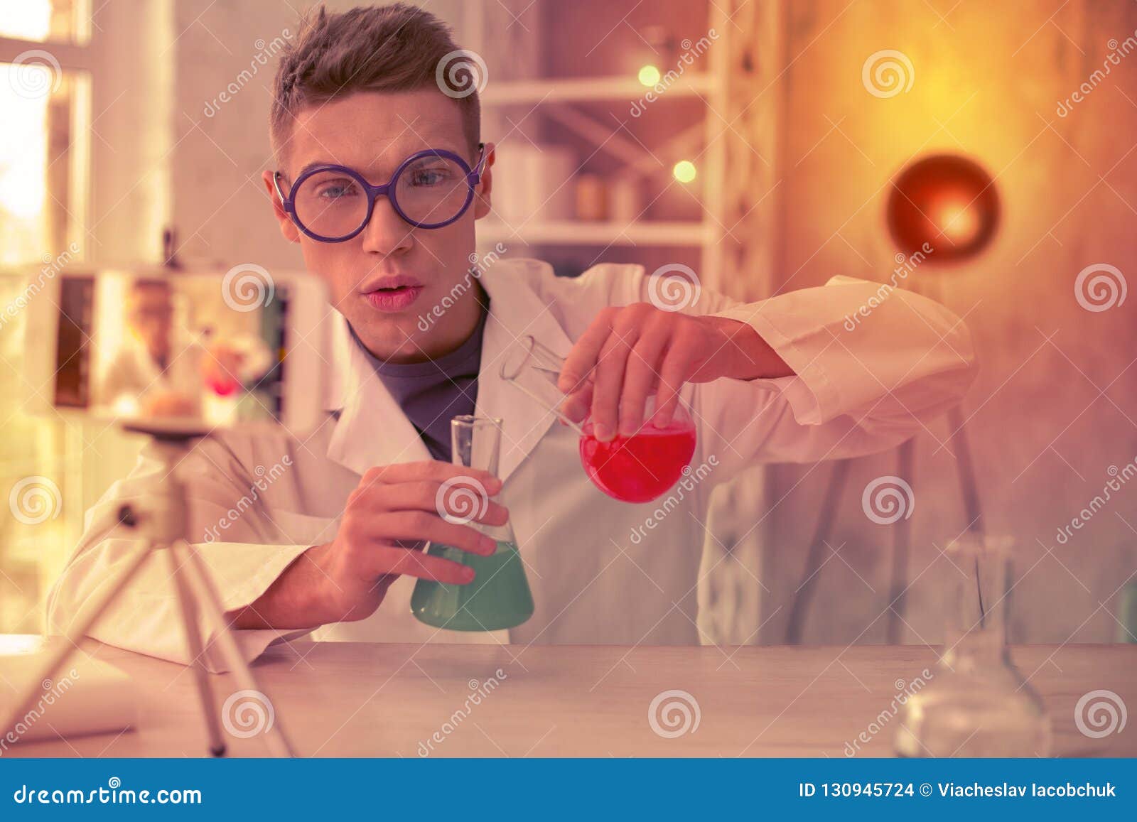 Interested Young Man Making Chemistry New Experiment Stock Photo ...