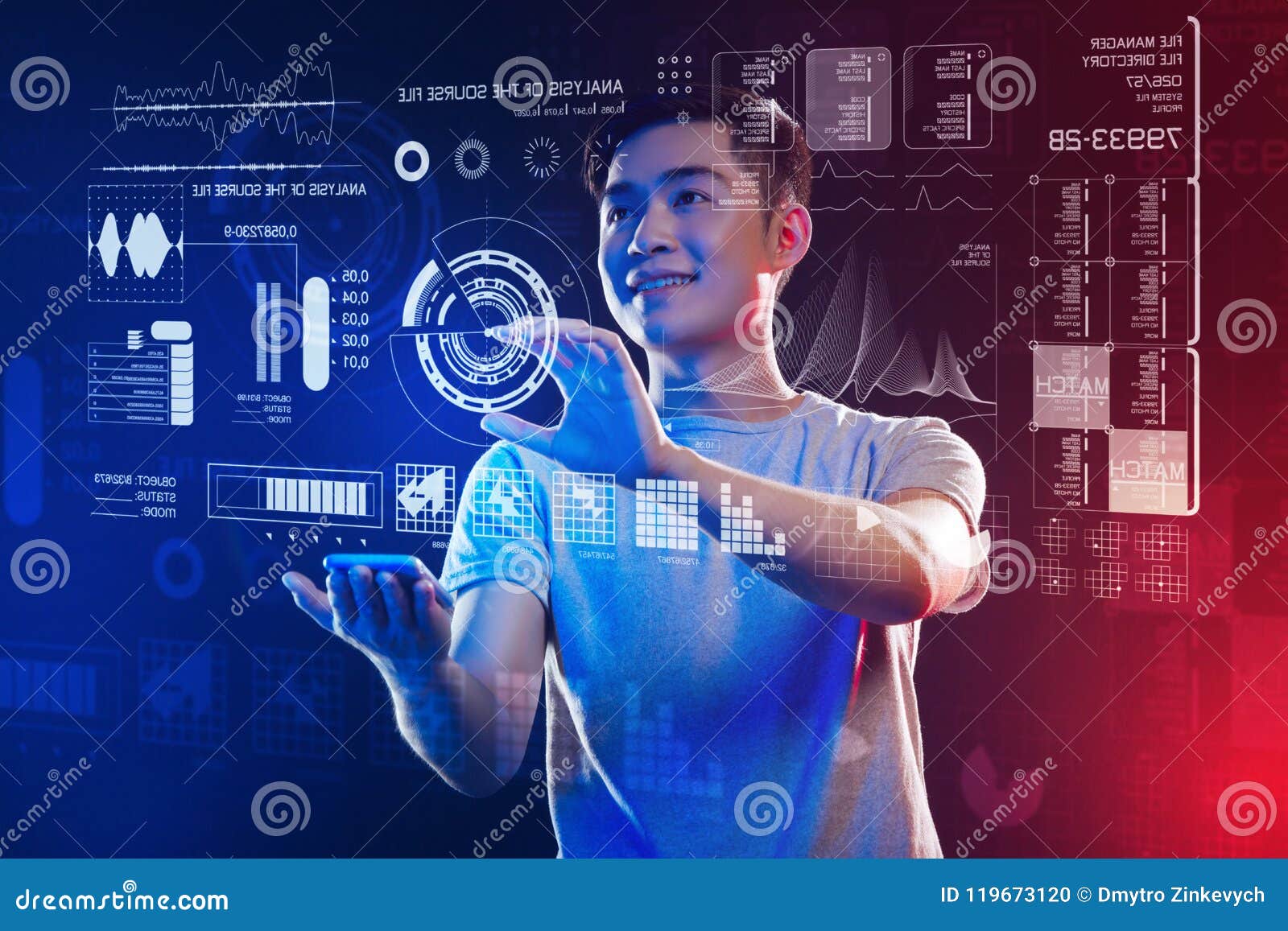 Cheerful Programmer Making a Hologram and Smiling while Using it Stock ... Cheerful Programmer Making a Hologram and Smiling while Using it Stock ...