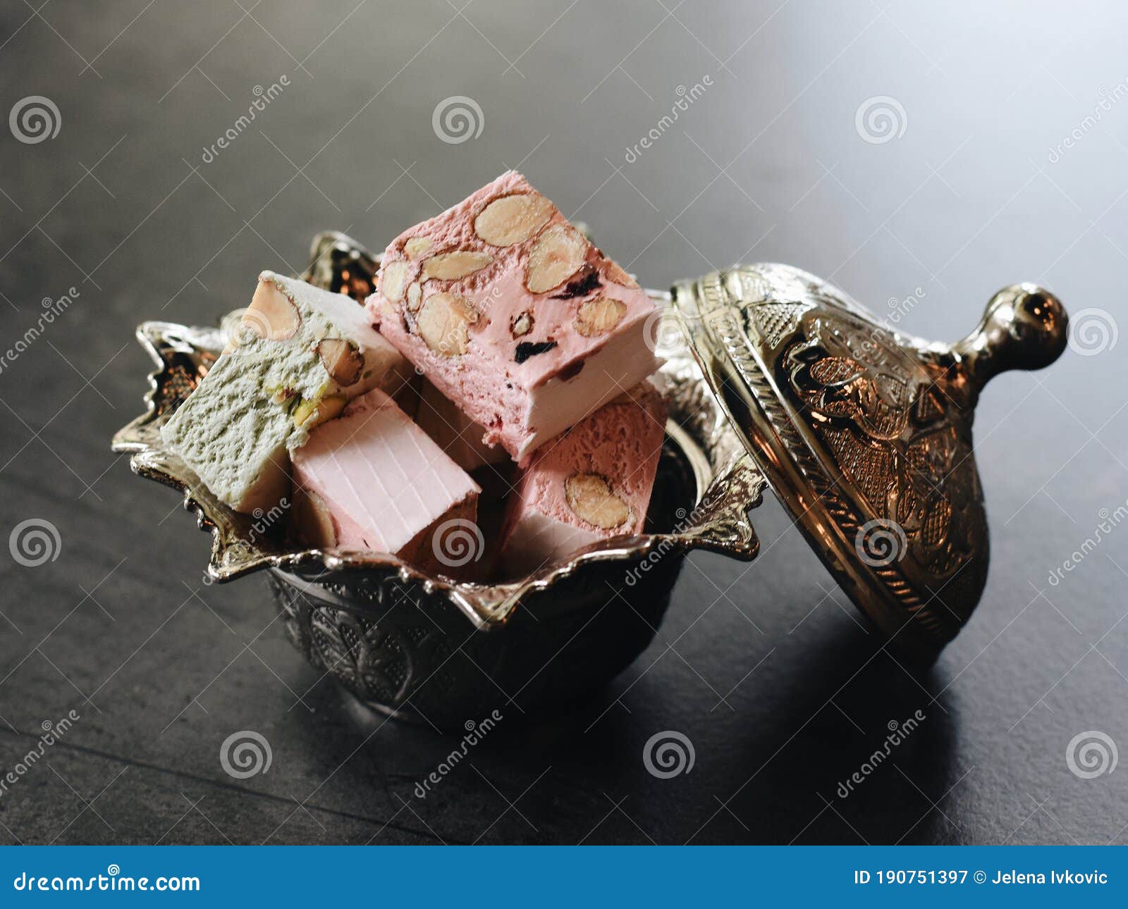 Interesting Candy Dessert in Silver Bowl. Fine Dining Food in ...