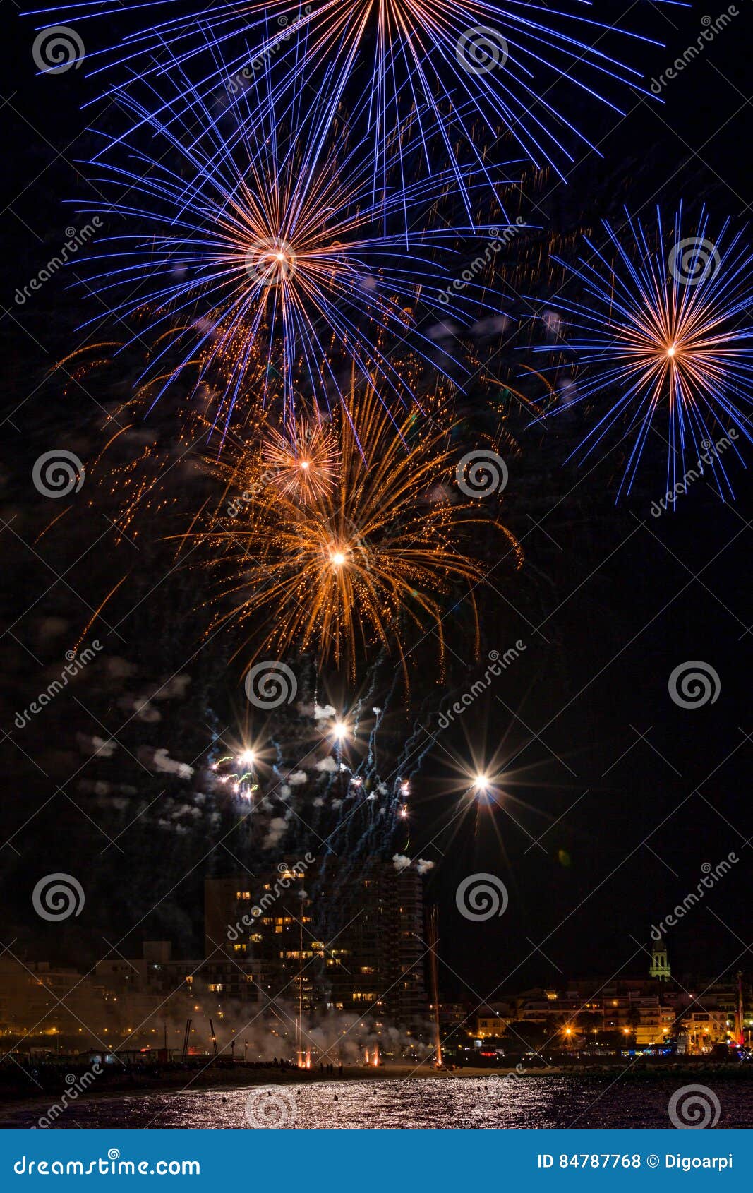 Interesting Fireworks Over the Small Town in Spain, Palamos Stock Photo ...