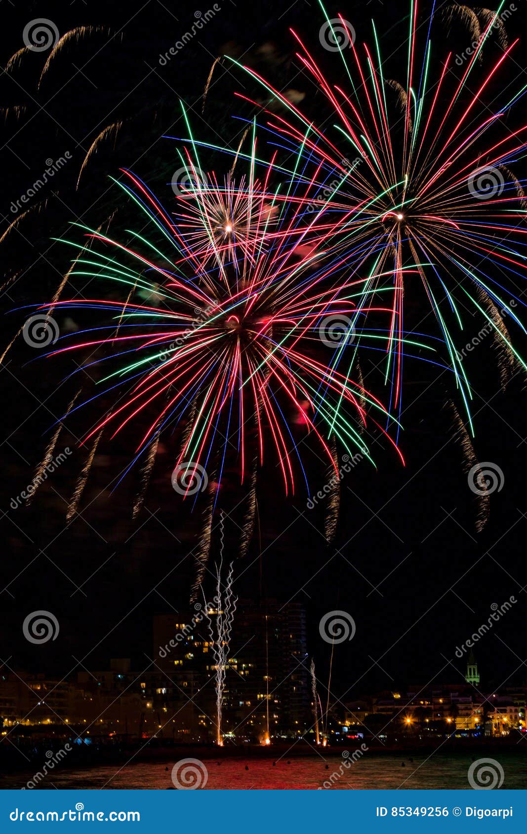 Interesting Fireworks Over the Small Town in Spain, Palamos Stock Photo ...