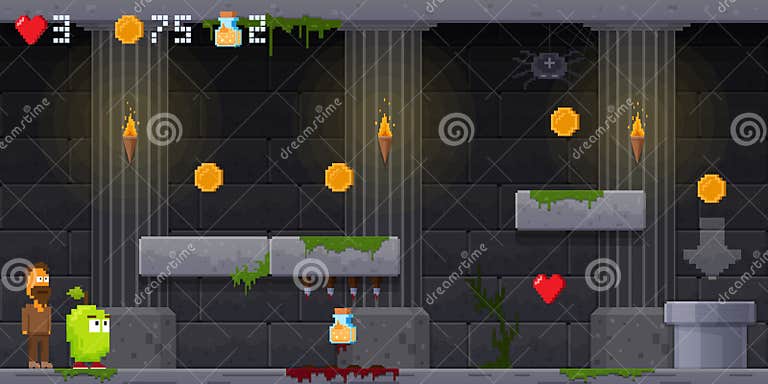 Interface 8 Bit Game, Pixel Art Platformer, Jumping Over Obstacles ...