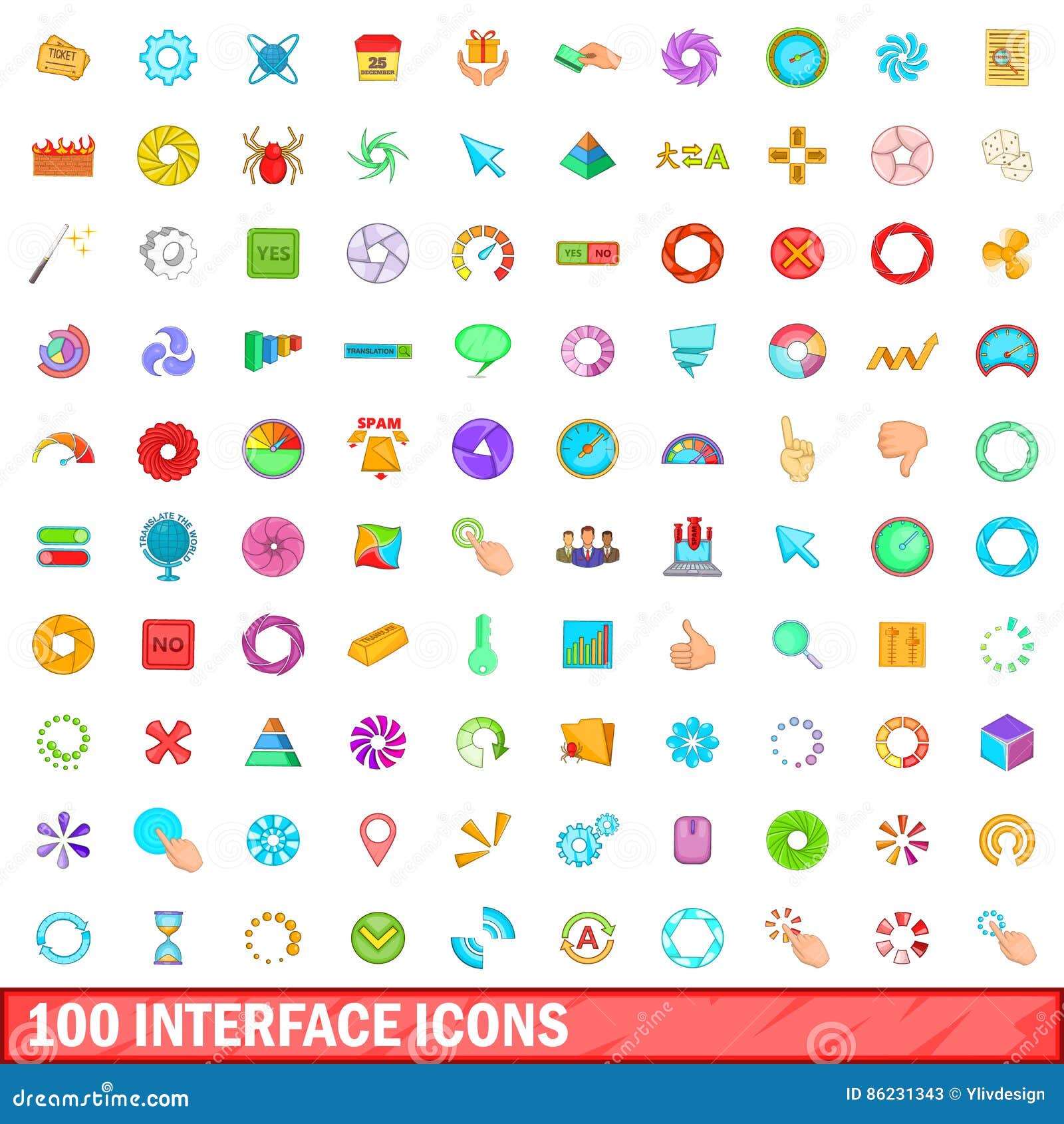 100 Interface Icons Set, Cartoon Style Stock Vector - Illustration of ...
