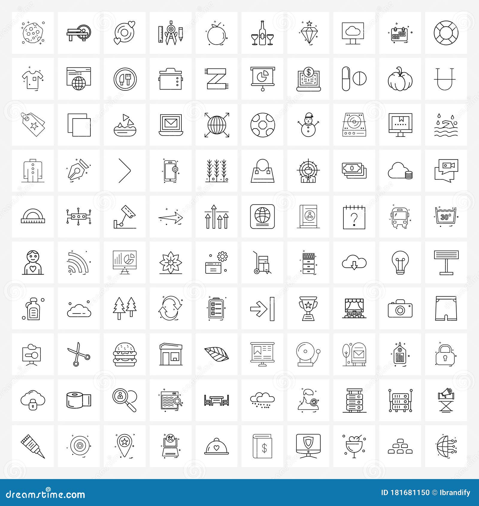 100 Interface Line Icon Set of Modern Symbols on Food, Geometry, Disk ...