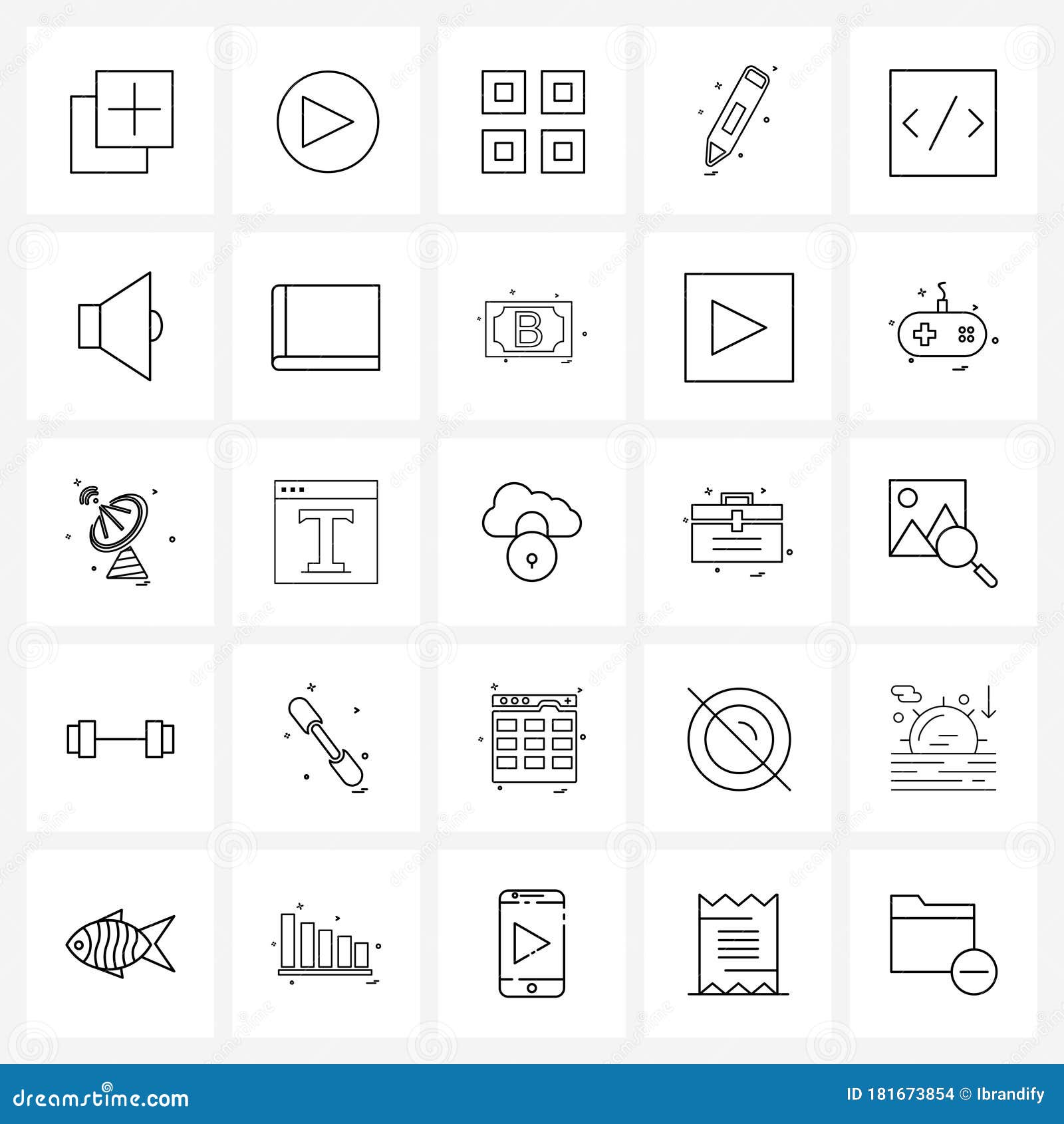 25 Interface Line Icon Set of Modern Symbols on Sound, Box, Layout ...